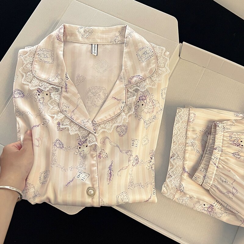 Милая пижама Hello Kitty Ice Silk, женская летняя, высококачественная, кружевная, с коротким рукавом, повседневная, летняя, тонкая, для дома