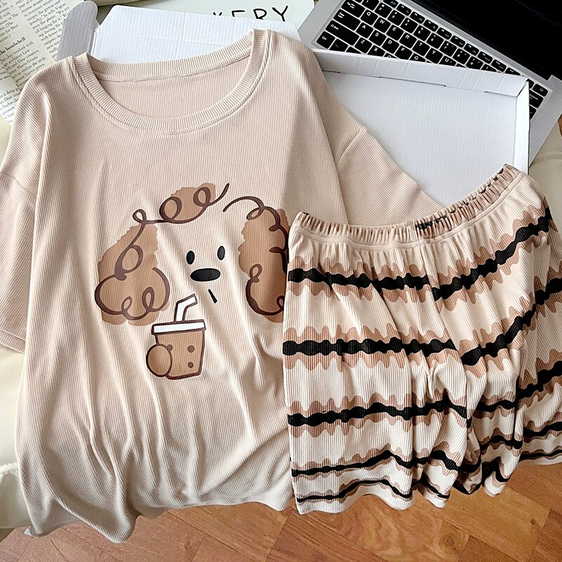 Супер милый свитер с изображением щенка, модальный хлопок, пижама, женская летняя, шорты с короткими рукавами, комплект из двух предметов, можно носить летом на улицу, тонкий