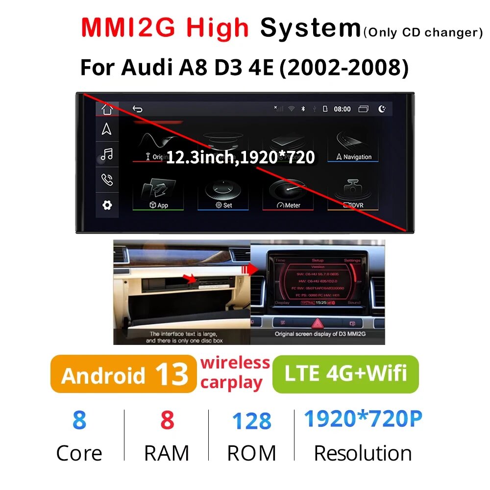 Стерео Hualingan для Audi A8 D3 2002-2010 Android 13, автоматический сенсорный экран, автомобильная мультимедийная стереосистема Carplay Android, авторадио, головное устройство A8 D3 MMI2G 128GB