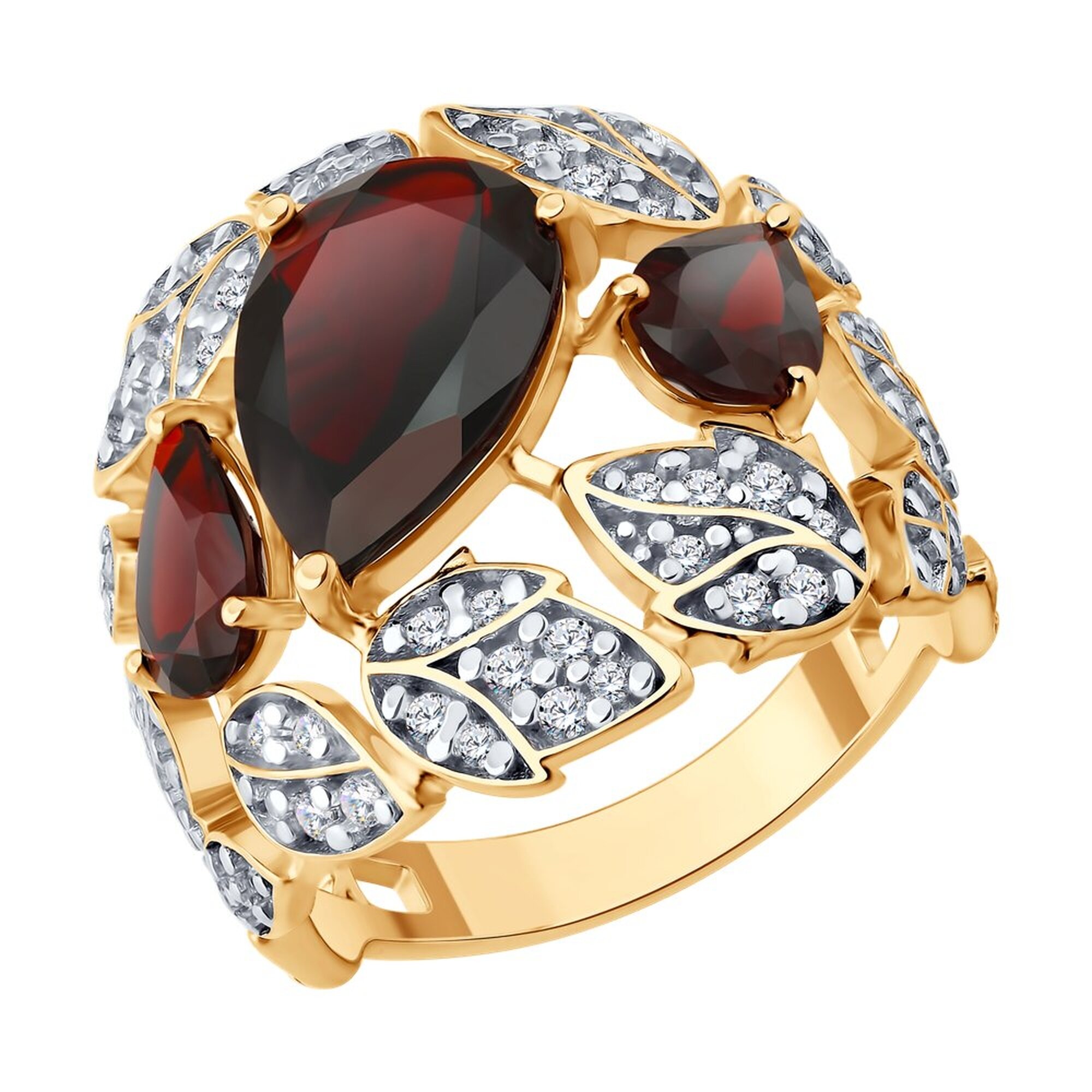 Кольцо, серебро, 925 проба, золочение, фианит, гранат