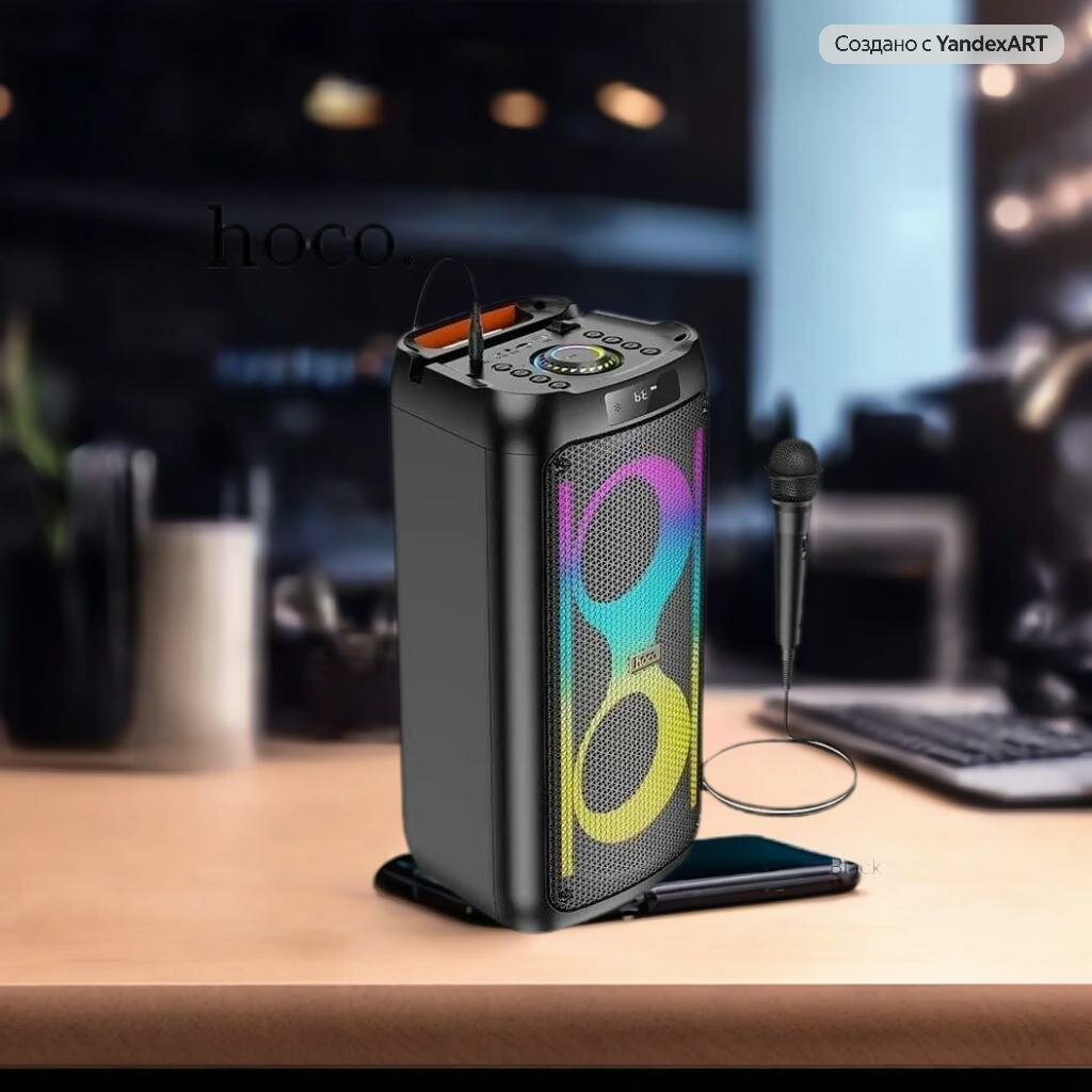 Колонка Bluetooth с микрофоном, караоке LED, черная, 4500 mAh, HOCO HA6