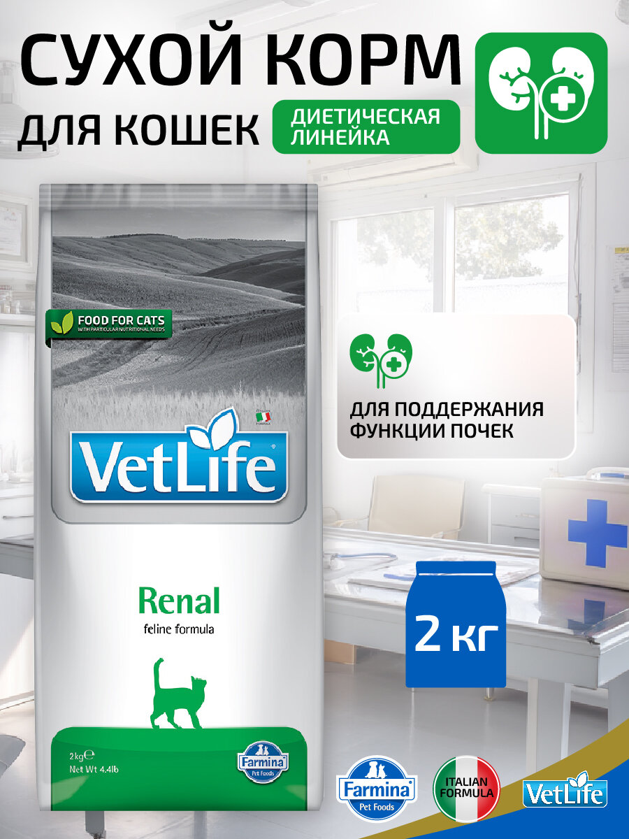Сухой диетический корм Farmina Vet Life Renal для кошек, поддержание функции почек при почечной недостаточности,2 кг