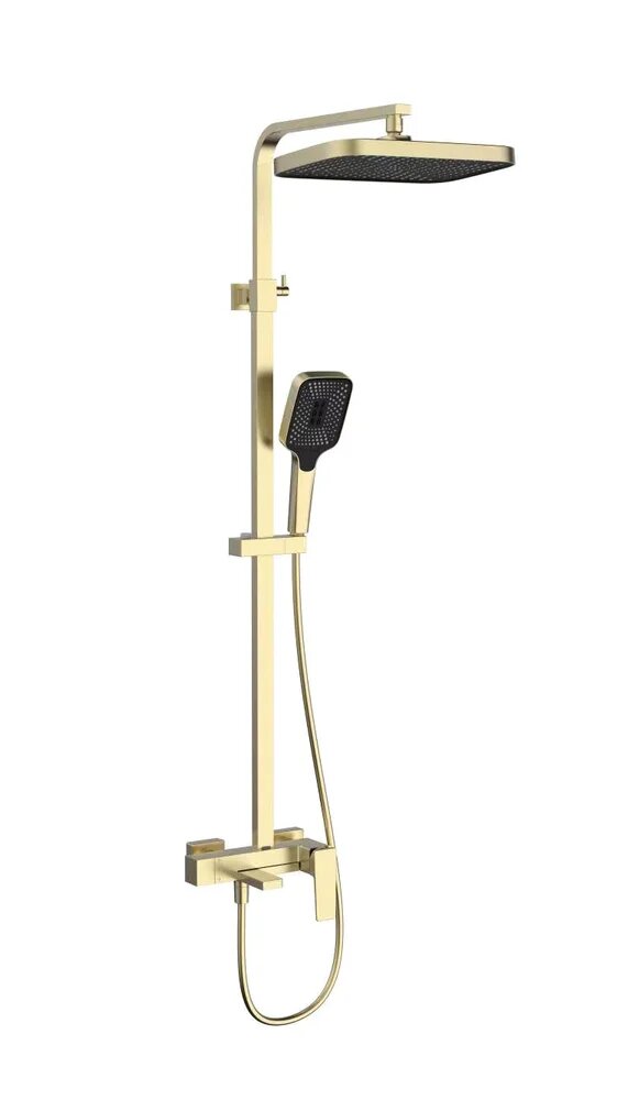 Душевая стойка Vincea Cube VSFS-4C12BG со смесителем, золотая, матовая, с тропическим душем, с изливом, с девиатором, с лейкой, душевая система, латунная, нержавеющая сталь, рычаг сбоку
