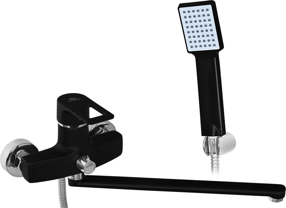 Смеситель с длинным изливом для ванны Wisent WP2230-6 с душевым гарнитуром, поворотный, металлический, черный, матовый, смеситель для ванны с душем, рычажный, с настенным держателем