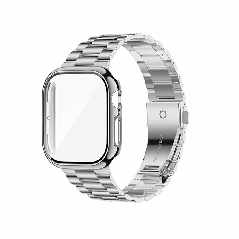 Ремешок + чехол для Apple Watch Band Series 11/10 42 мм, Улучшенный браслет из нержавеющей стали с защитной пленкой для экрана, металл, Silver, SKU00995
