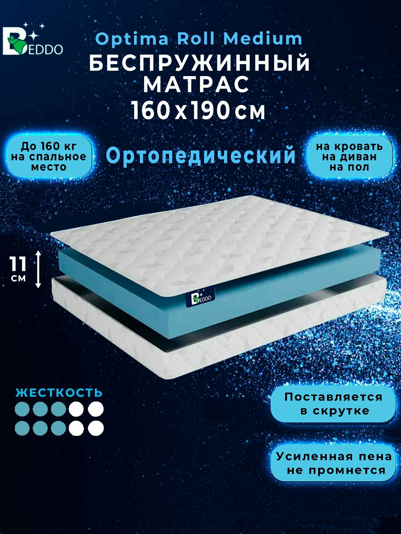 Беспружинный матрас 160х190 BEDDO Optima Roll Medium 11 см, ортопедический, анатомический, двусторонний, в рулоне