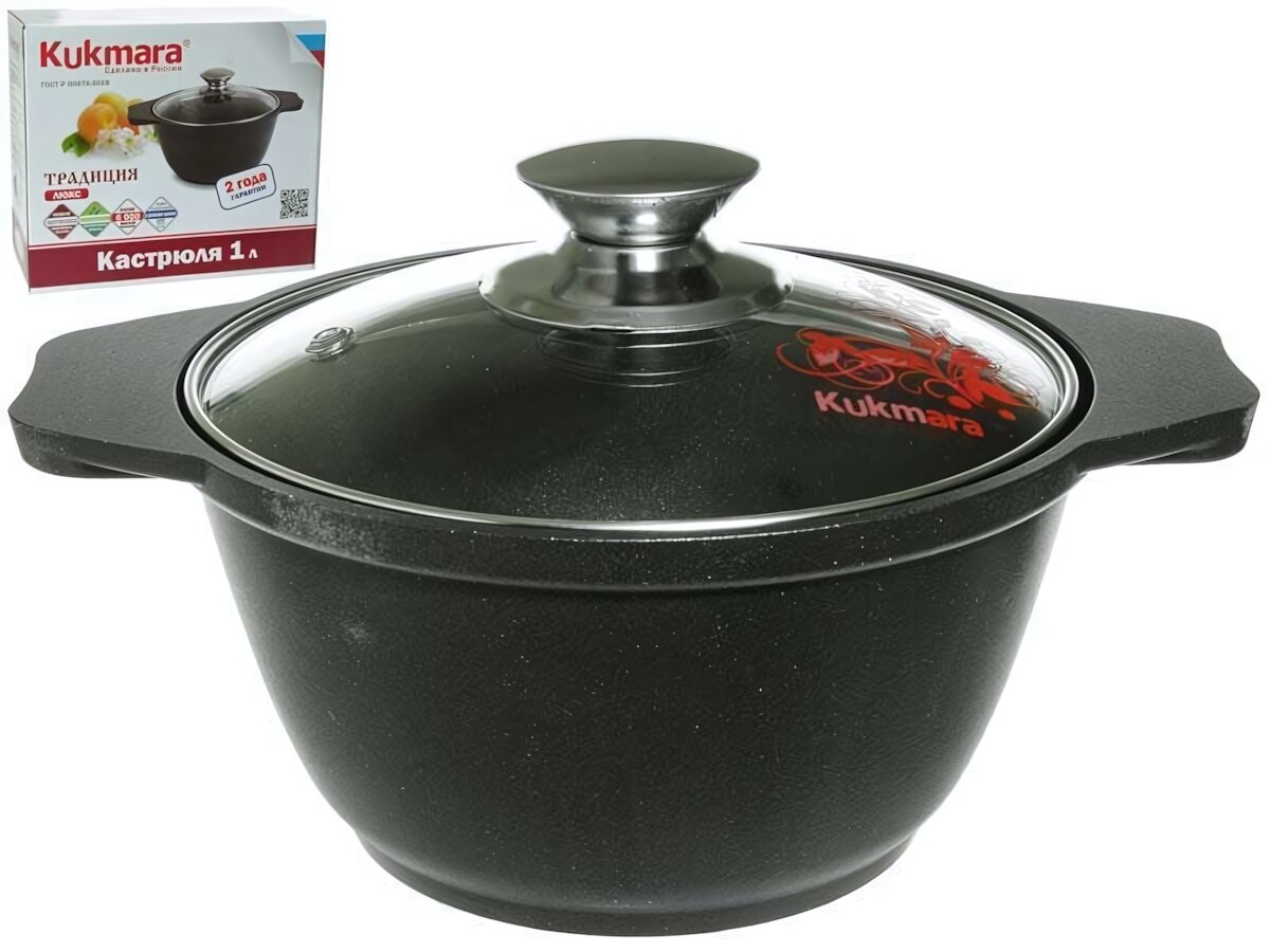 Кастрюля 1л литая с стеклянной крышкой, антипригарное покрытие, Россия