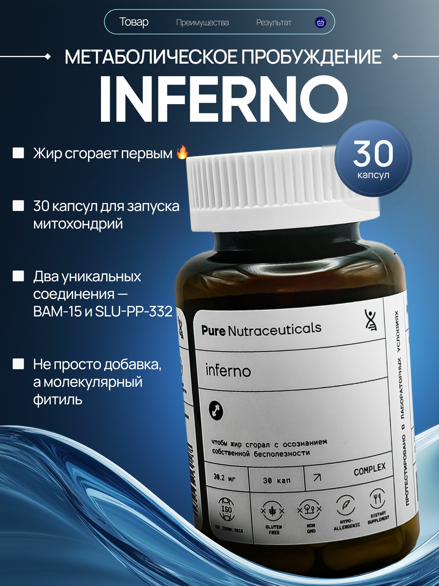 Пищевая добавка в капсулах, Inferno, 30 капсул, стимуляция процесса липолиза (жиросжигания), коррекцией веса