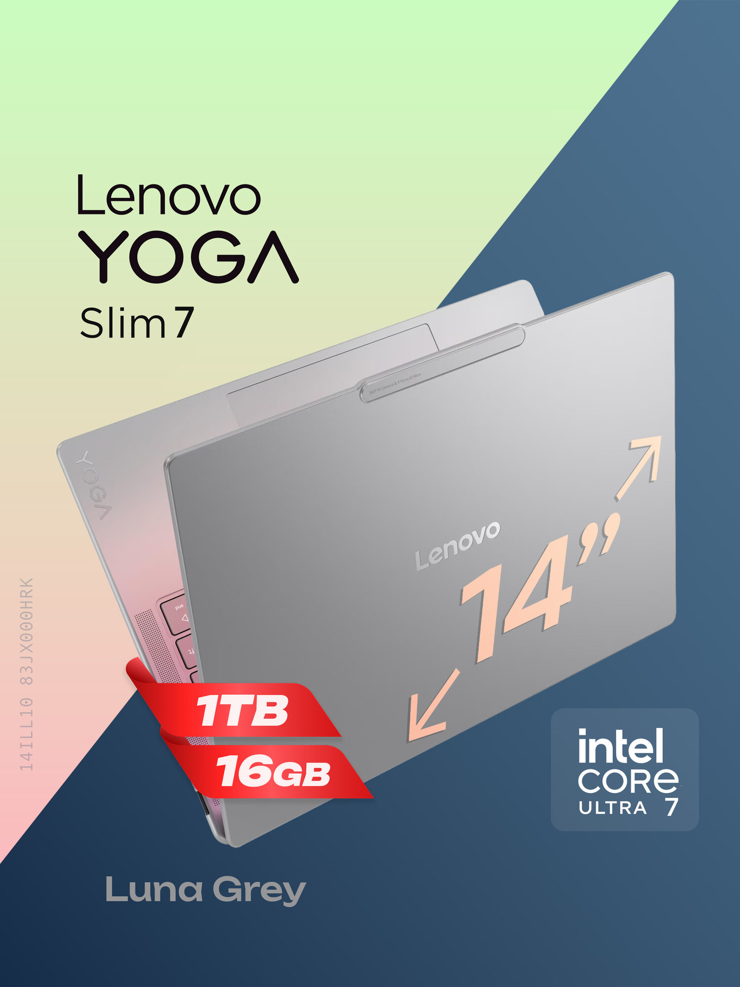 Ноутбук Lenovo Yoga Slim 7i Aura Edition 14ILL10 83JX000HRK Luna Grey, 14" 2.8K WQXGA+ OLED 120Hz, Intel® Core™ Ultra 7 256V, Intel Arc Graphics, 16 GB LPDDR5x-8533, 1 TB SSD PCIe GEN4, WINDOWS 11 PRO, клавиатура RU/US, гарантия 1 год