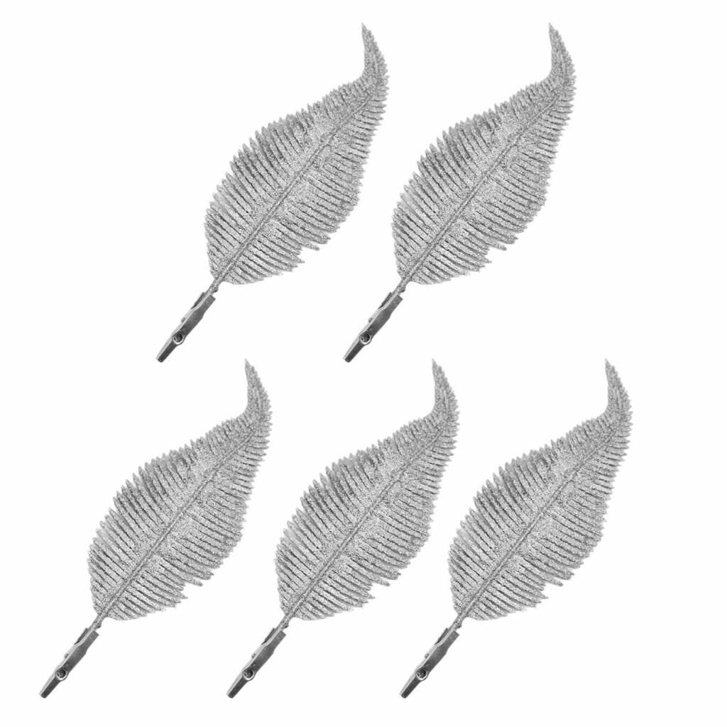 5 зажимов для рождественской елки, украшенных четырехцветными перьями, имитирующими листья золотого порошка, имитирующими листья из перьев-серебро