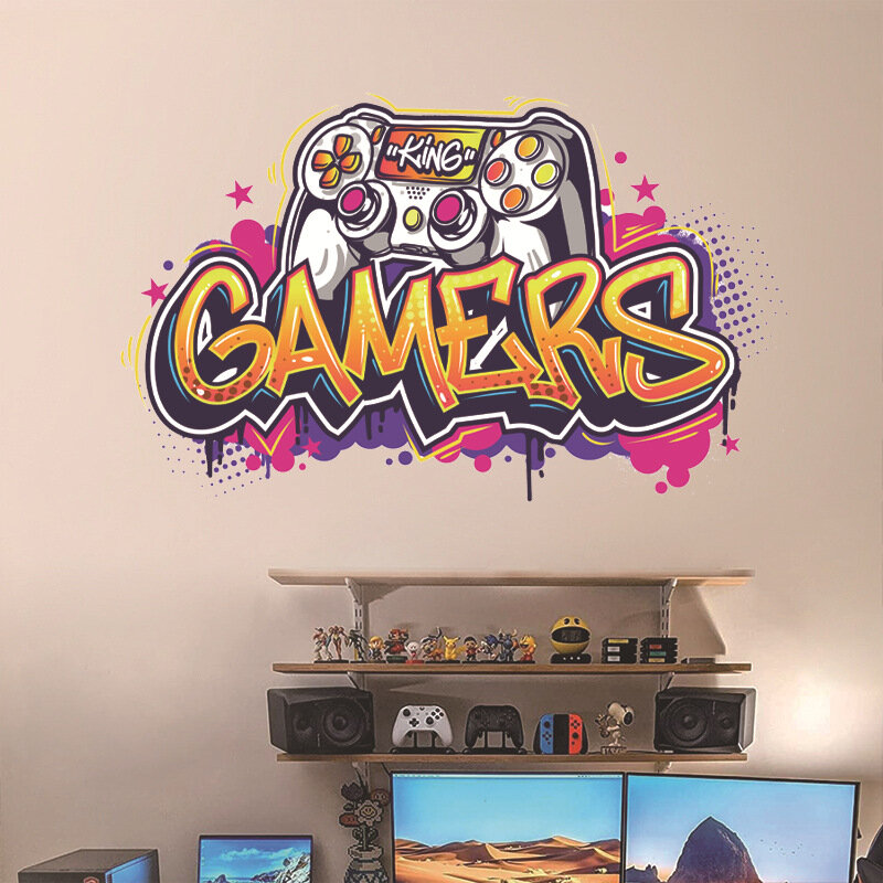 Наклейки на стену с геймерским геймпадом, граффити, настенные художественные наклейки, цветные виниловые обои для детской комнаты, спальни, гостиной, игрового декора, самоклеящиеся водонепроницаемые настенные украшения из ПВХ