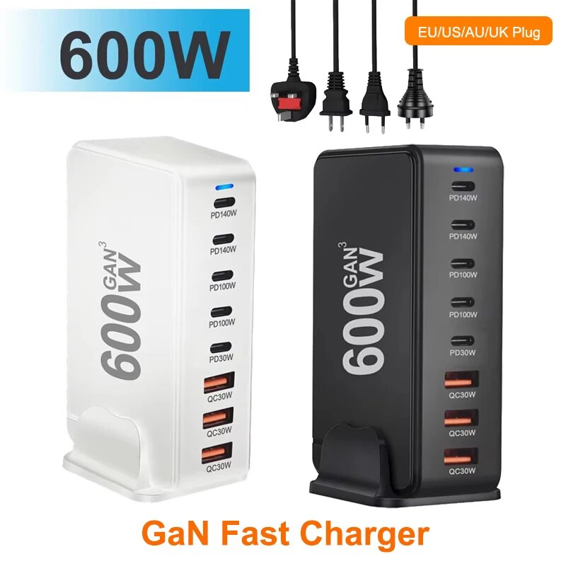 Зарядная станция USB C мощностью 600 Вт, 8 портов, быстрое зарядное устройство USB, многофункциональные зарядные устройства для всех устройств с 5 USB-C + 3 USB-A зарядными устройствами PD PPS 140 Вт, Black, Европейский Союз (ЕС)
