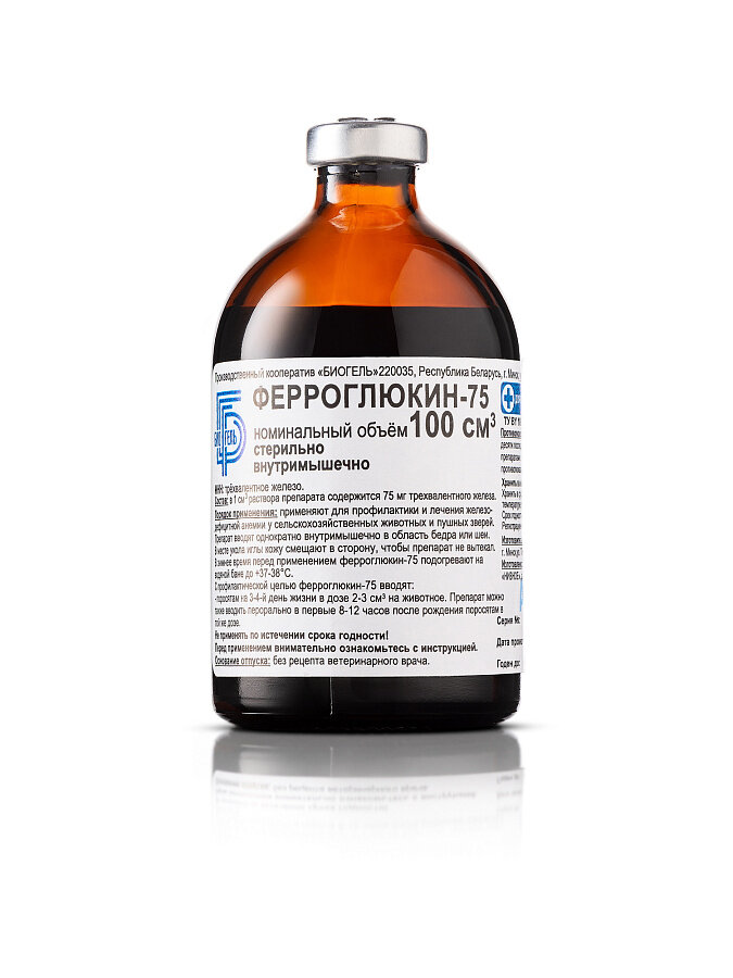 Раствор для инъекций Биогель Ферроглюкин 75, для животных, профилактика и лечение анемии, 100 мл