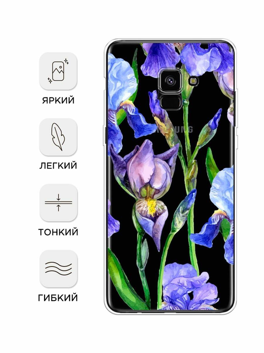 Чехол на Samsung Galaxy A8 + / Самсунг Галакси А8 Плюс 2018 с принтом "Синие ирисы", прозрачный — фото 1
