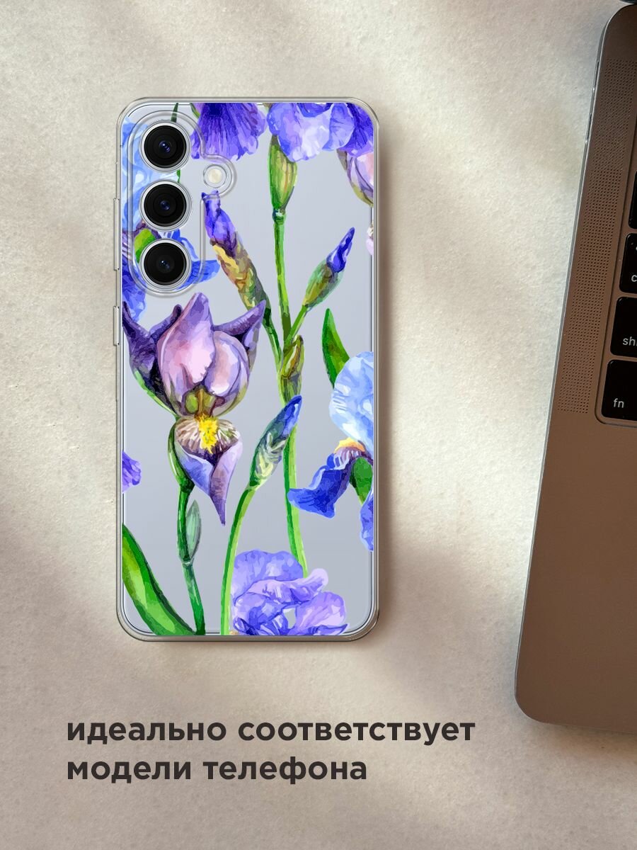 Чехол на Samsung Galaxy S24 FE 5G / Самсунг S24 FE с принтом "Синие ирисы", прозрачный — фото 1