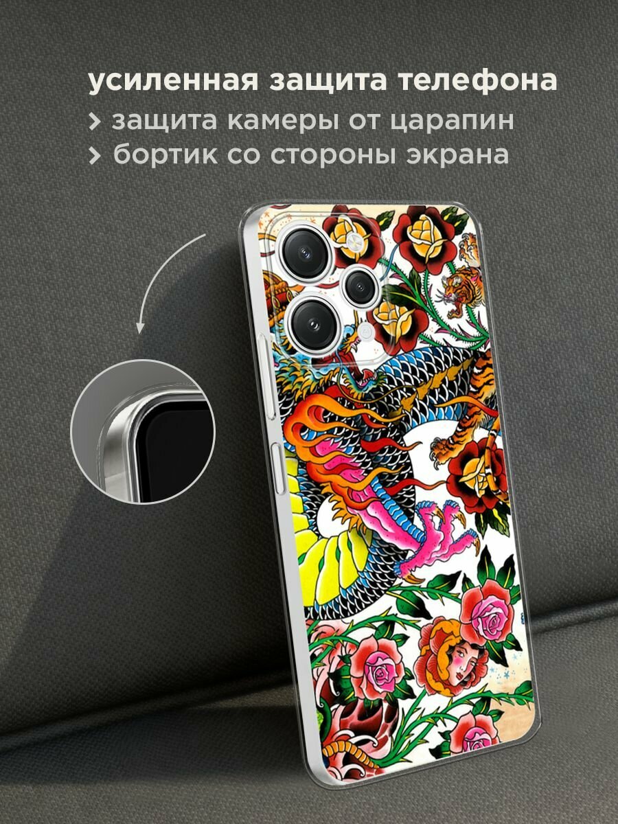 Чехол на Xiaomi Redmi 12 / Сяоми Редми 12 с принтом "Дракон в цветах" — фото 1