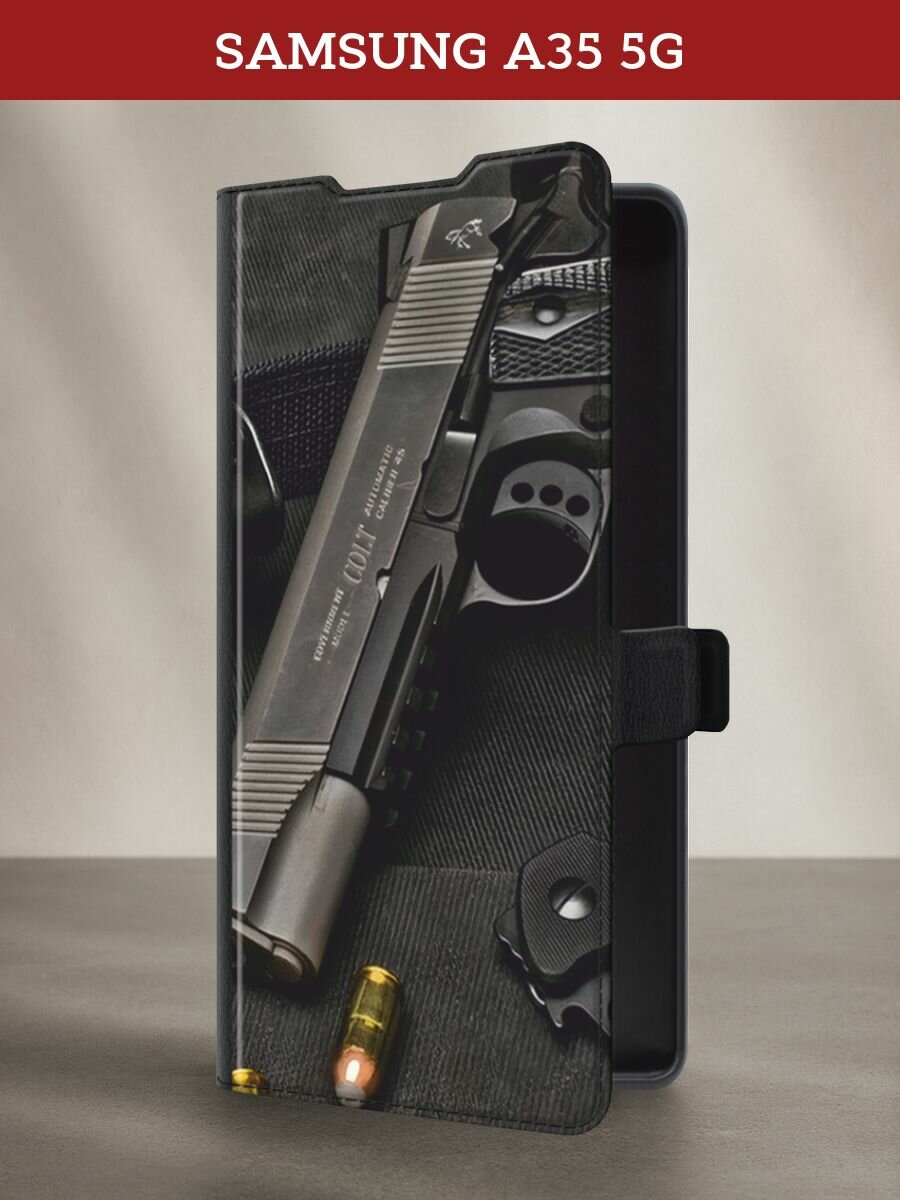 Чехол-книжка на Samsung Galaxy A35 5G / Самсунг А35 5G с рисунком "Черный пистолет"
