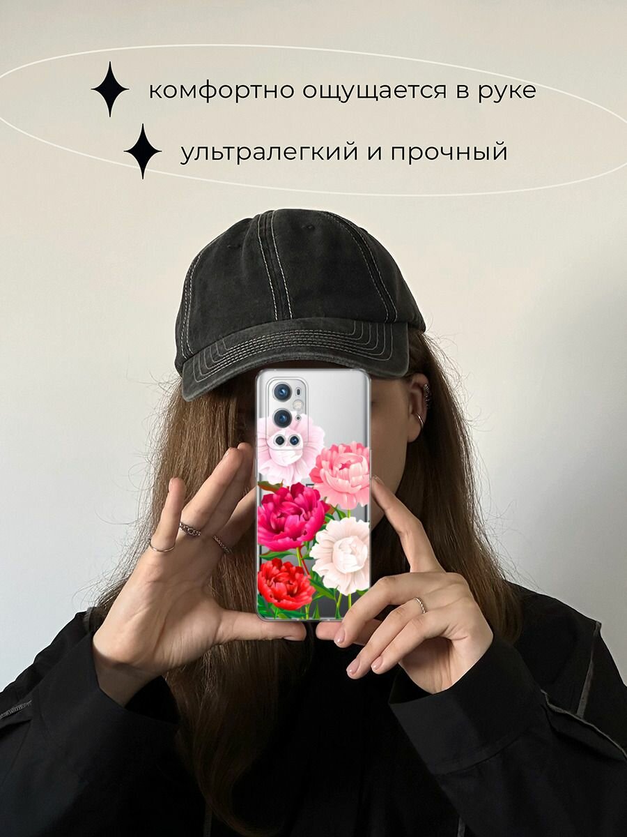 Чехол на OnePlus 9 Pro / ВанПлас 9 Про с принтом "Большие пионы", прозрачный — фото 1