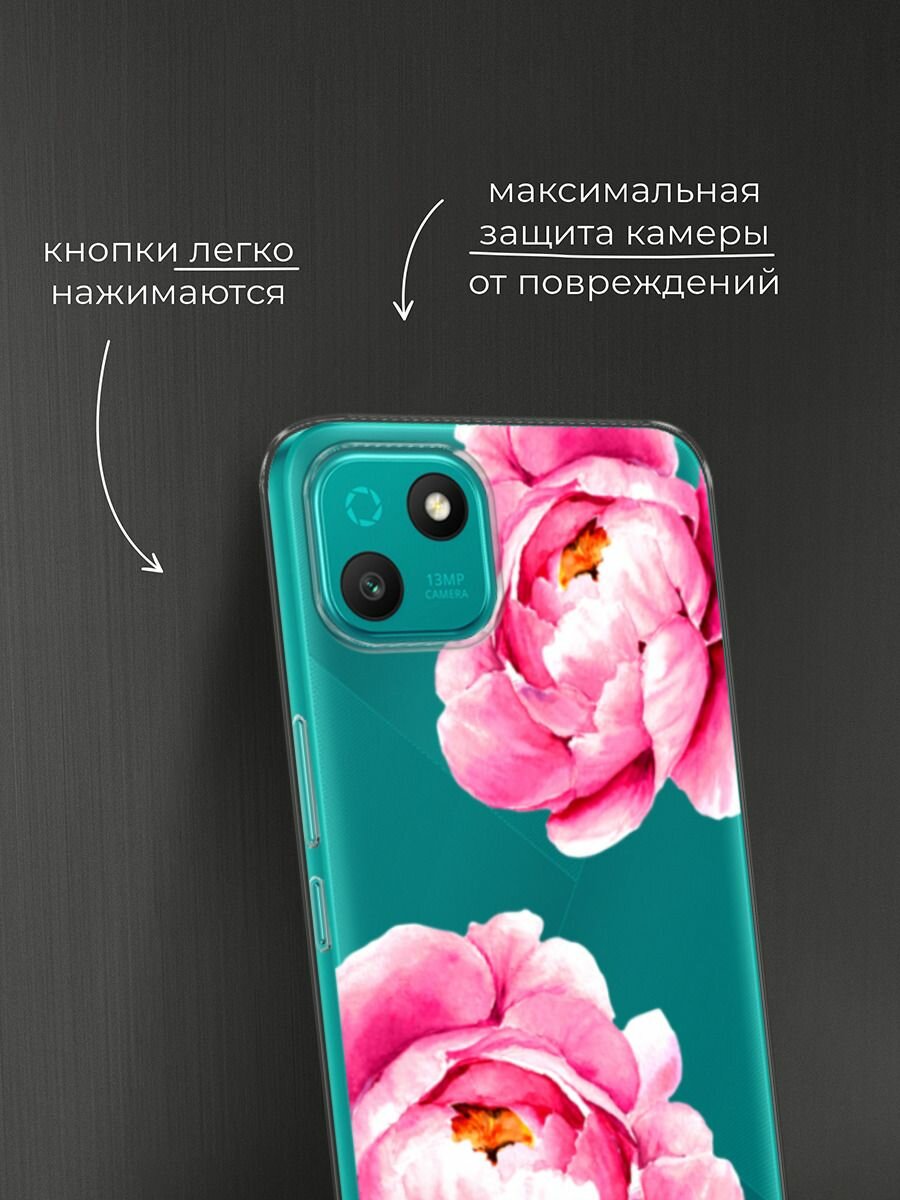 Чехол на Wiko T10 / Вико Т10 с принтом "Open peonies", прозрачный — фото 1