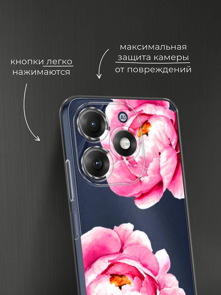 Чехол на Itel A70 / Ител А70 с принтом "Open peonies", прозрачный — фото 1