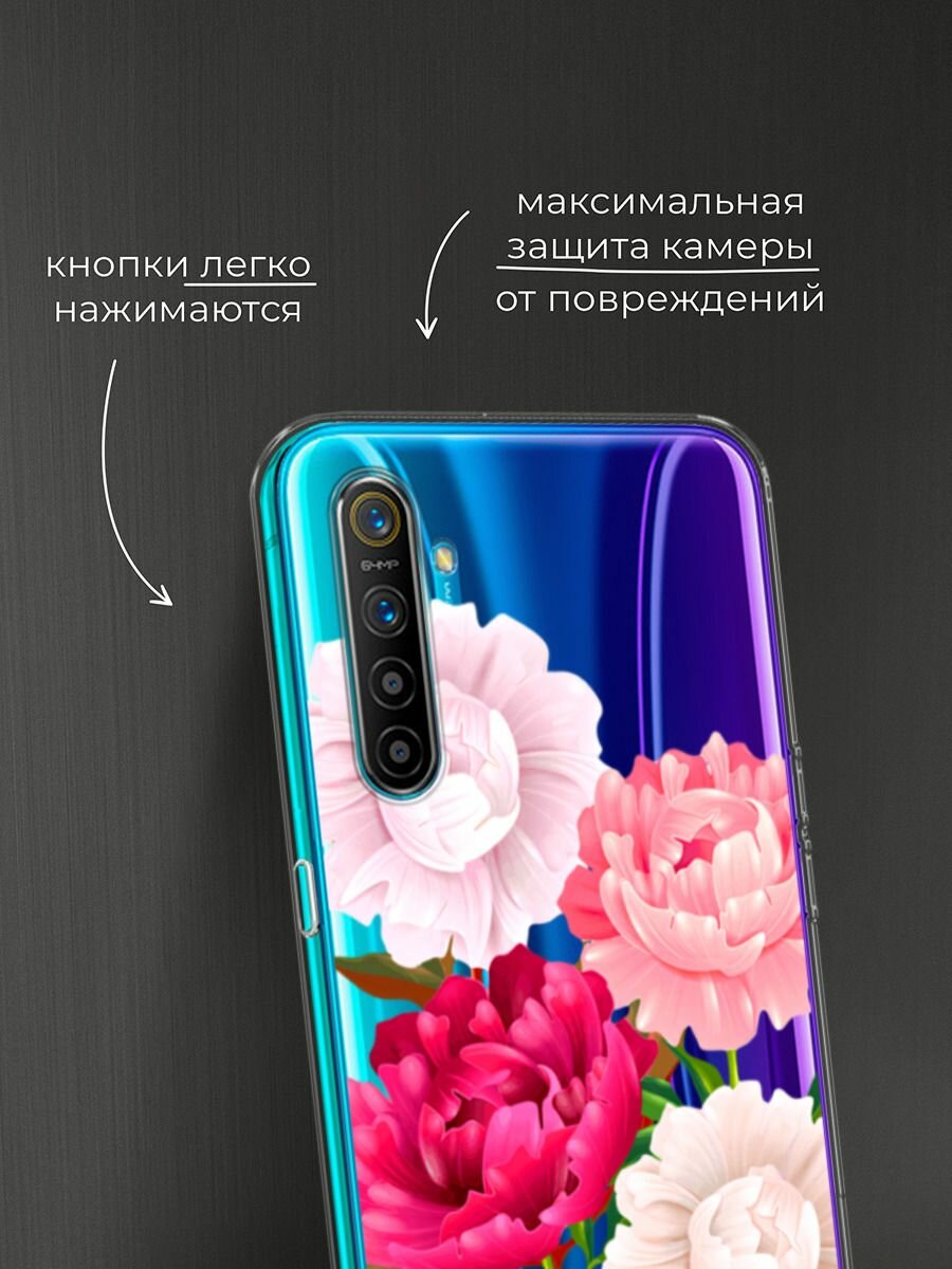 Чехол на Realme XT / Реалми XT с принтом "Большие пионы", прозрачный — фото 1