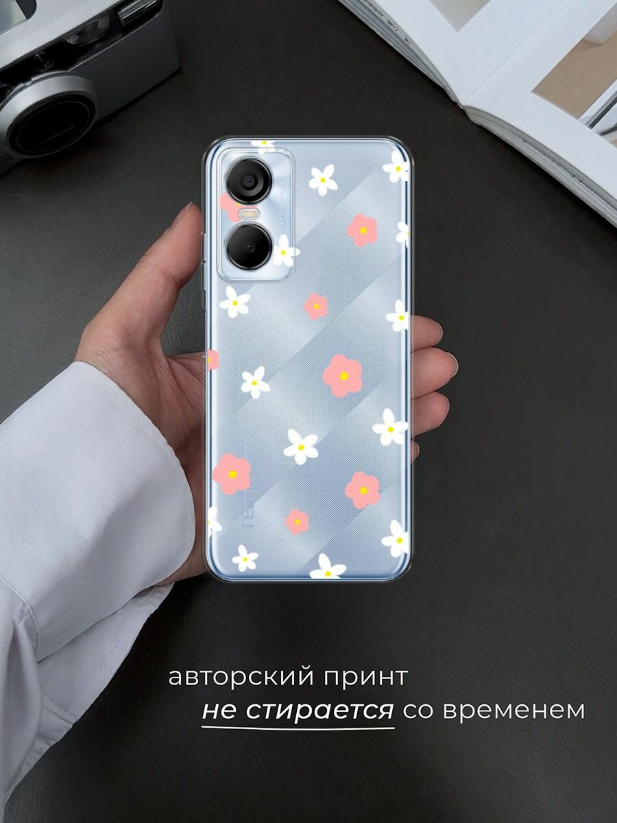 Чехол на Tecno Pop 6 pro / Техно Поп 6 Про с принтом "Розовые и белые цветы", прозрачный — фото 1