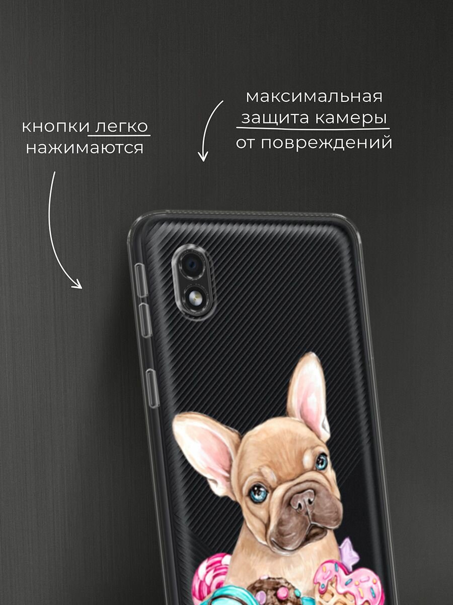 Чехол на Samsung Galaxy A01 Core / Самсунг Галакси А01 Core с принтом "Бульдог и сладости", прозрачный — фото 1
