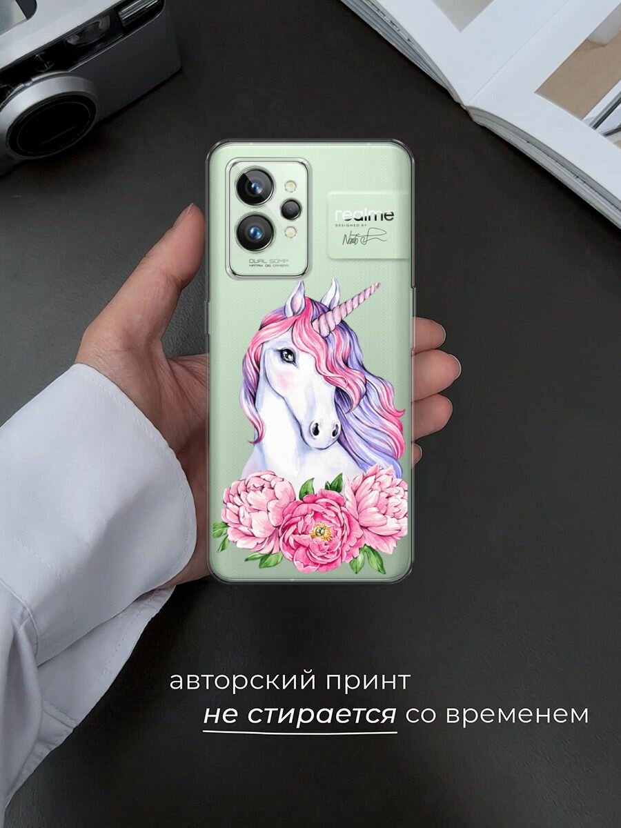 Чехол на Realme GT 2 Pro / Реалми GT 2 Про с принтом "Единорог с пионами", прозрачный — фото 1