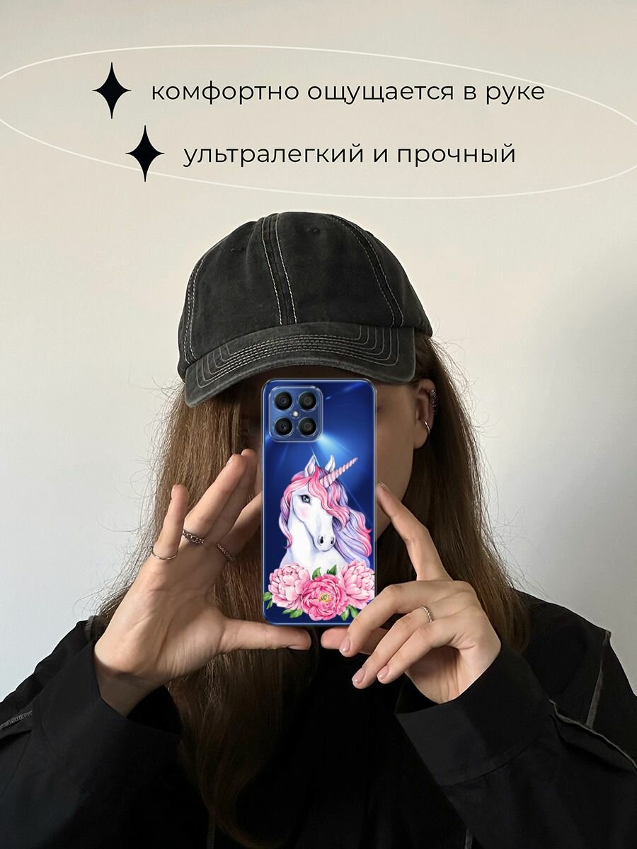 Чехол на Honor X8 / Хуавей X8 с принтом "Единорог с пионами", прозрачный — фото 1