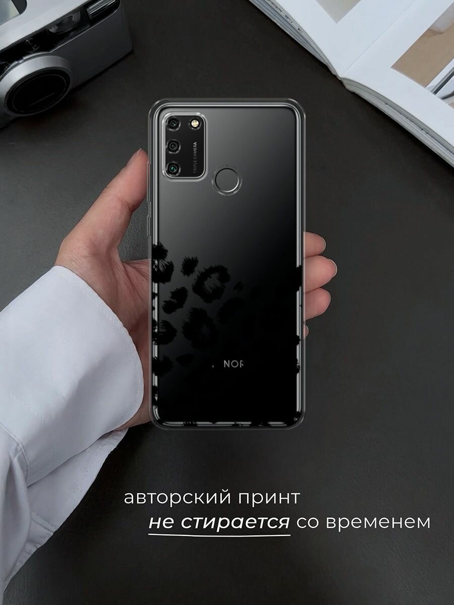 Чехол на Honor 9A / Хонор 9А с принтом "Окрас леопарда фон черный", прозрачный — фото 1