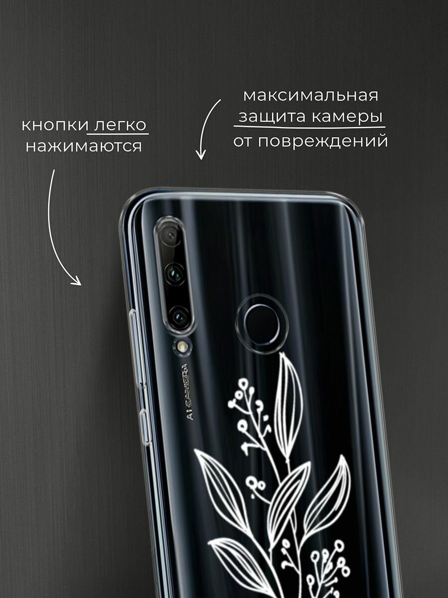 Чехол на Honor 10i/20 Lite 2019/20e/Huawei P Smart Plus 2019 с принтом "Ветка с листочками и цветами", прозрачный — фото 1