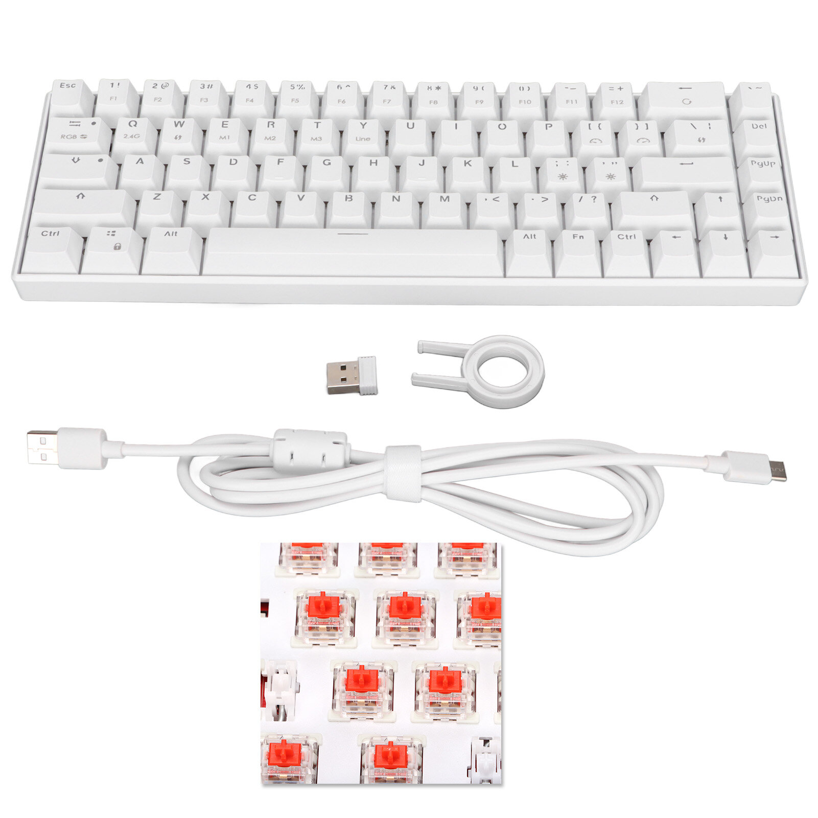 Механическая клавиатура 68 клавиш три режима беспроводная 2 . 4g type c проводная rgb для windows android красный переключатель