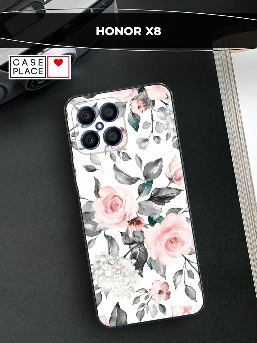 Силиконовый чехол на Honor X8 / Хуавей X8 с принтом "Розы на белом"