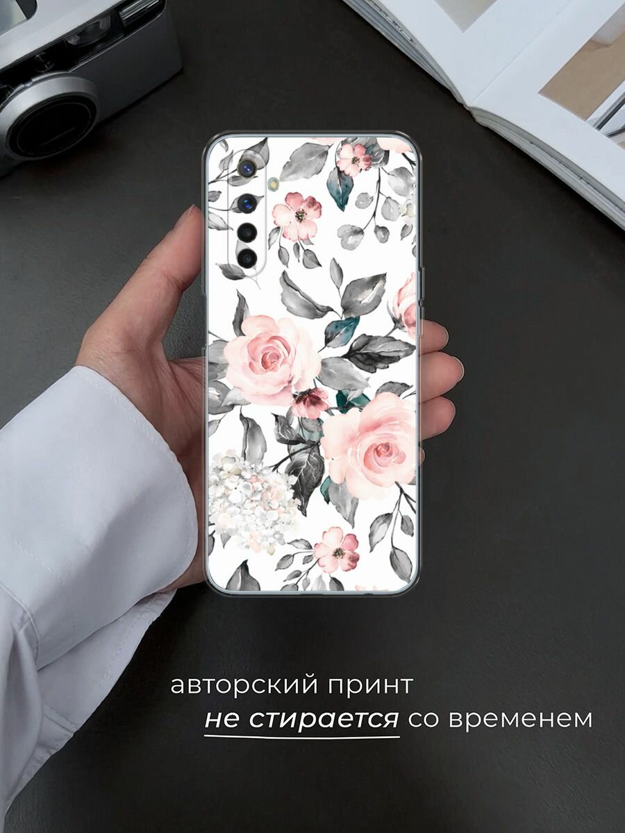 Силиконовый чехол на Realme 6 / Реалми 6 с принтом "Розы на белом" — фото 1