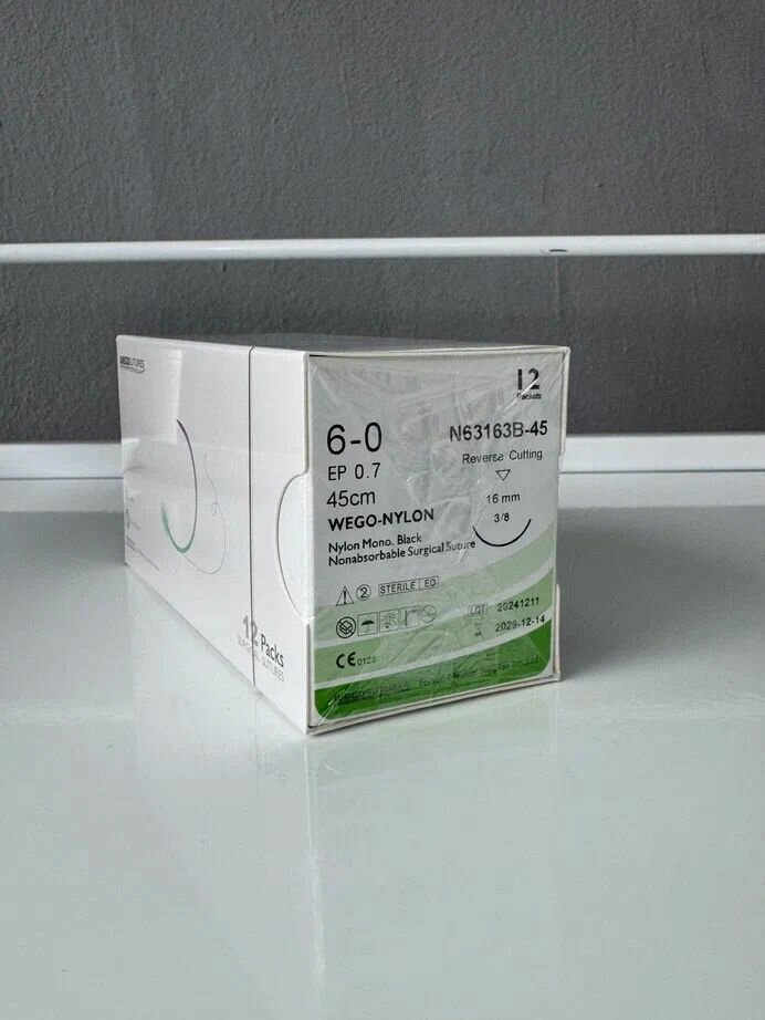 Нейлон моно, материал хирургический шовный, 6/0, 45 см, игла обратно-режущая, 3/8, 16 мм, черный.