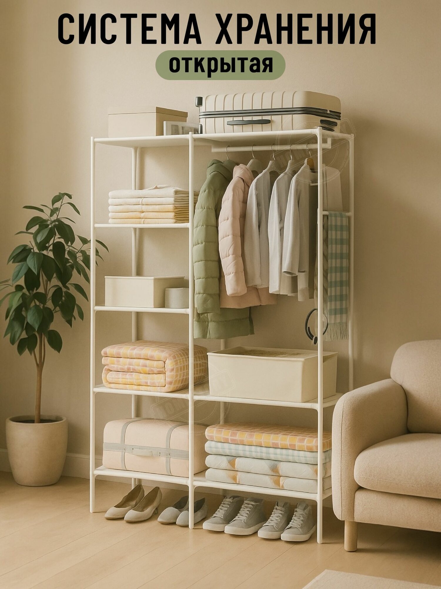 Стеллаж для одежды с полками и вешалкой / открытая система хранения