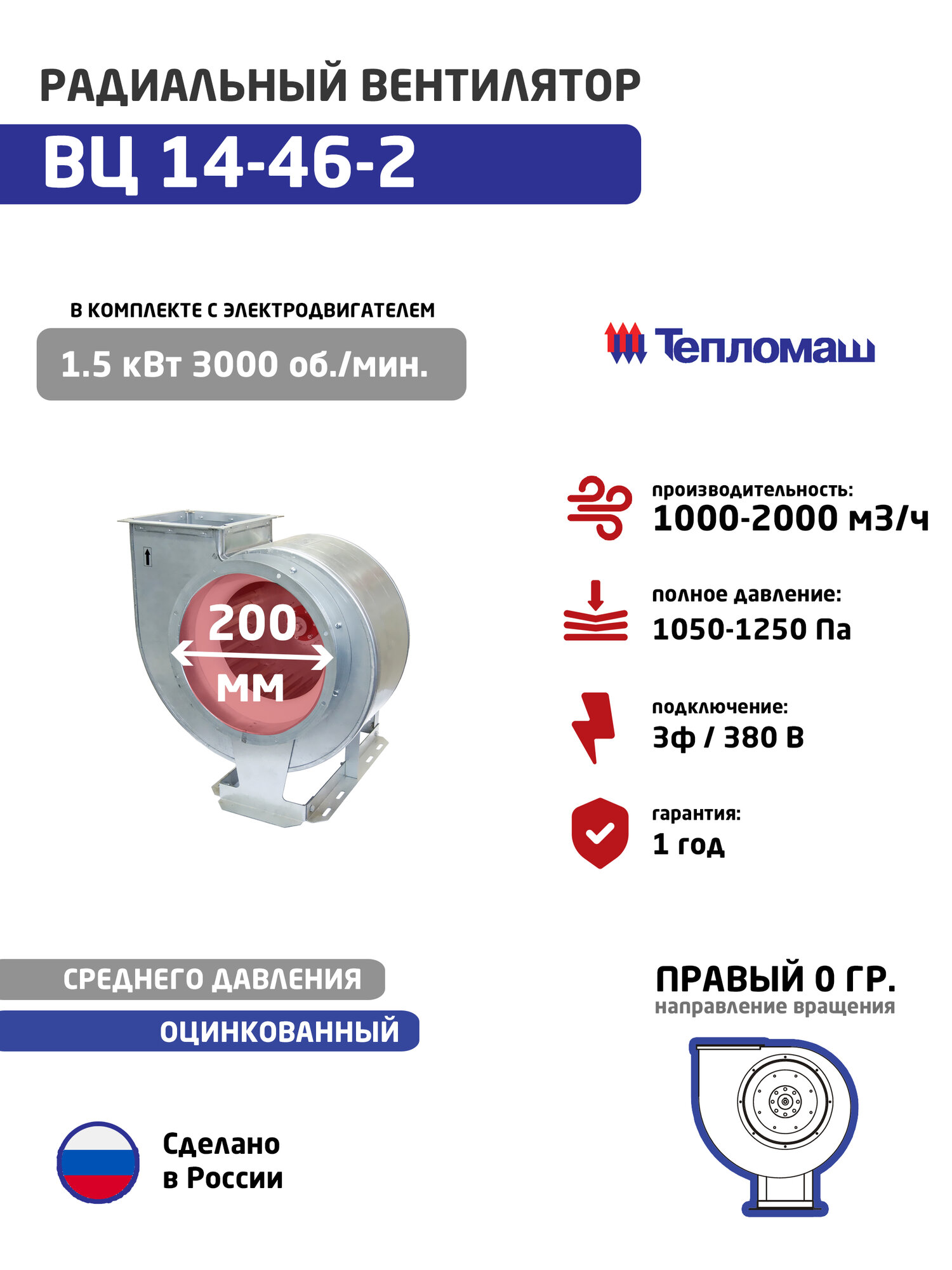 Вентилятор радиальный ВЦ 14-46-2 1,5*3000 Пр. 0 оцинкованный, 380В (ВР 280-46, ВР 300-45)