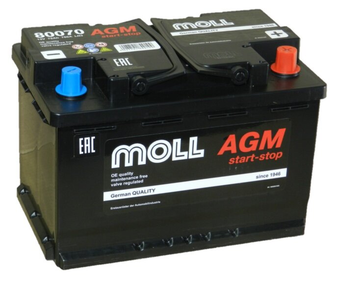 Аккумулятор автомобильный Moll AGM 70 А/ч 760 А обр. пол. Евро авто (278x175x190) 80070 L3.0
