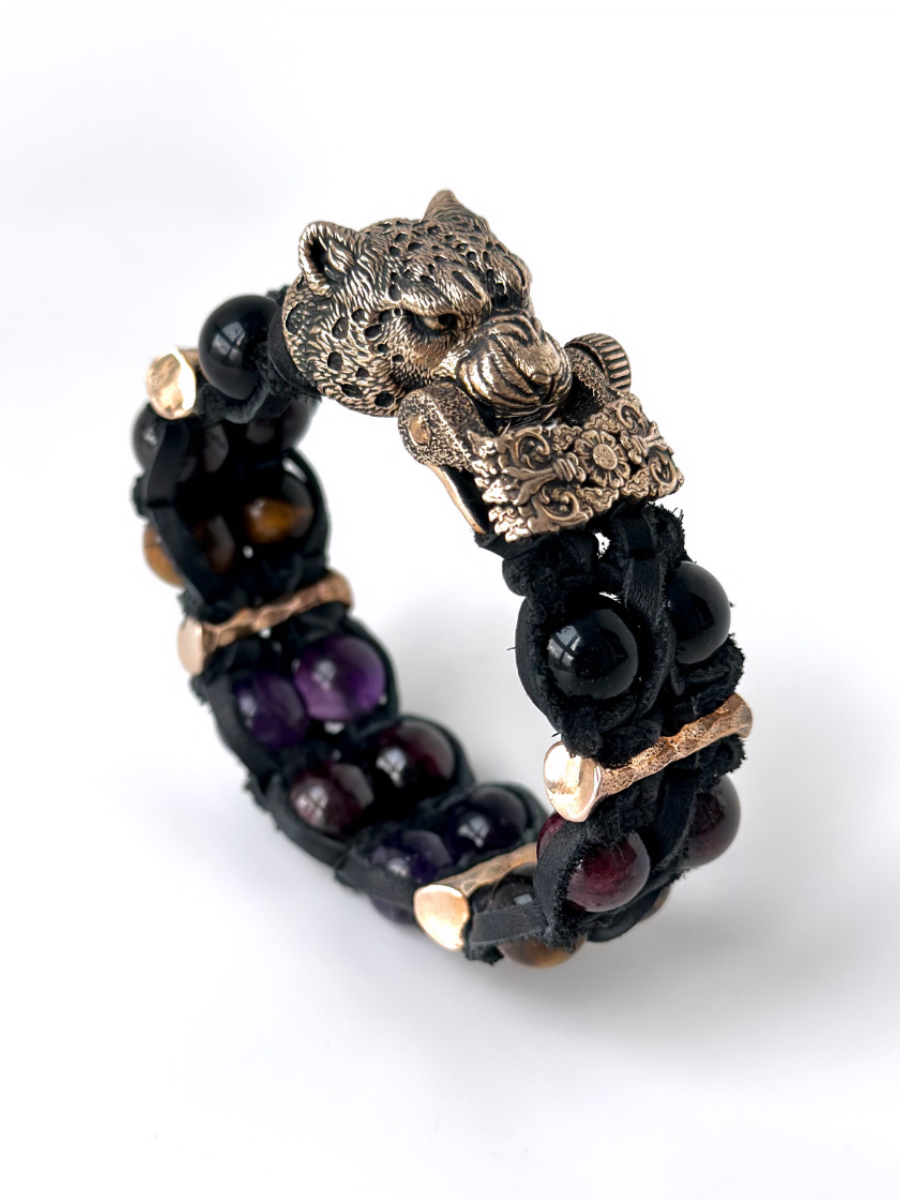 Славянский оберег, плетеный браслет, аметист, обсидиан, тигровый глаз, гранат
