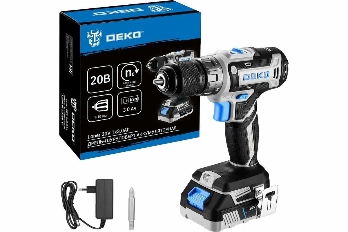 Дрель-шуруповерт аккумуляторная Deko Loner 20V, 20В, 1x3.0Ач (085-1006)