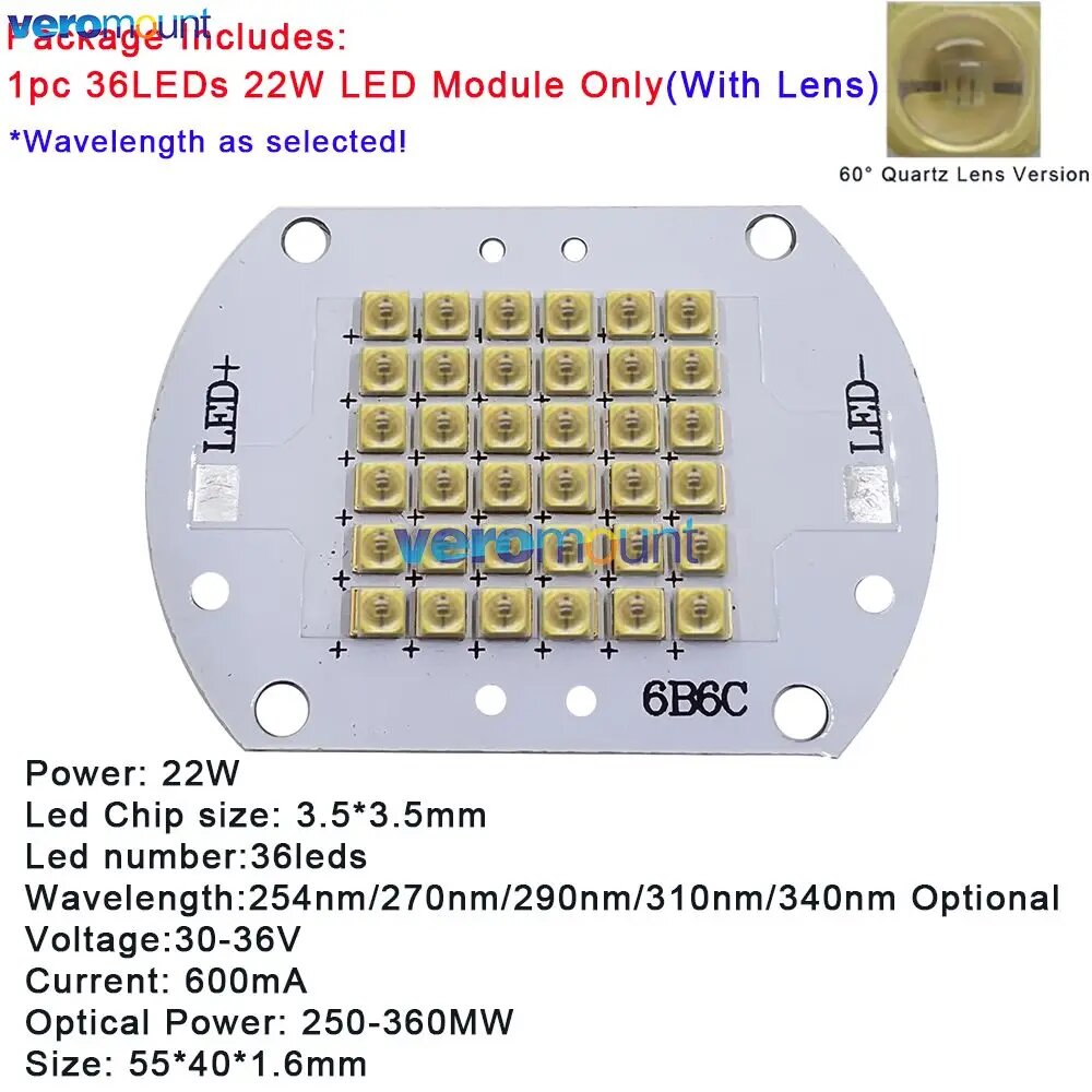Светодиодная лампа Veromount для стерилизации 36LEDs 22W With Lens, LED Module Only, 340nm