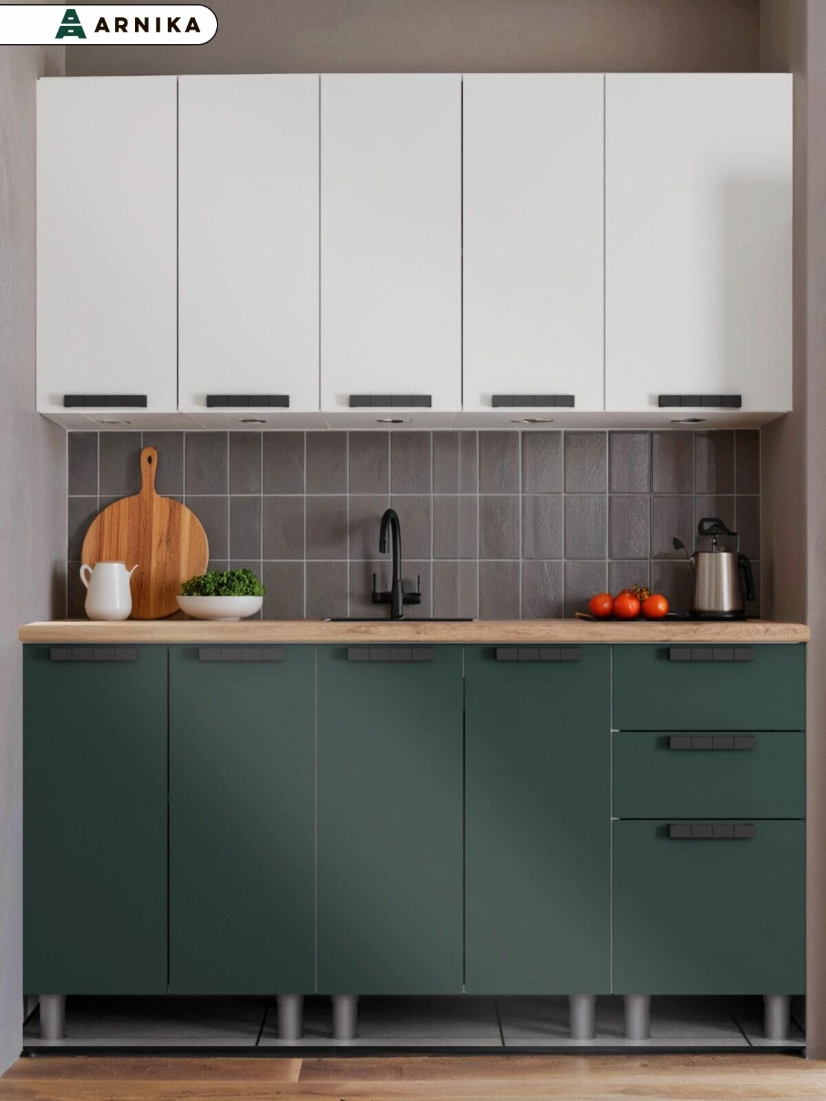 ARNIKA Кухонный гарнитур 1,6м со столешницей Керамика/Изумруд, скоба черный, сонома