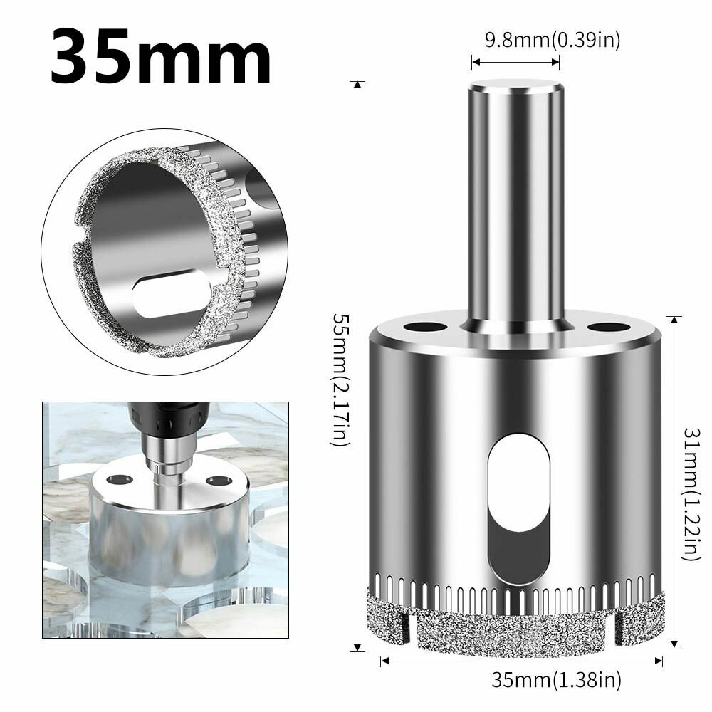 Алмазная коронка 35 мм для сверления керамогранита, керамической плитки и камня, быстрозажимной патрон, водяное охлаждение