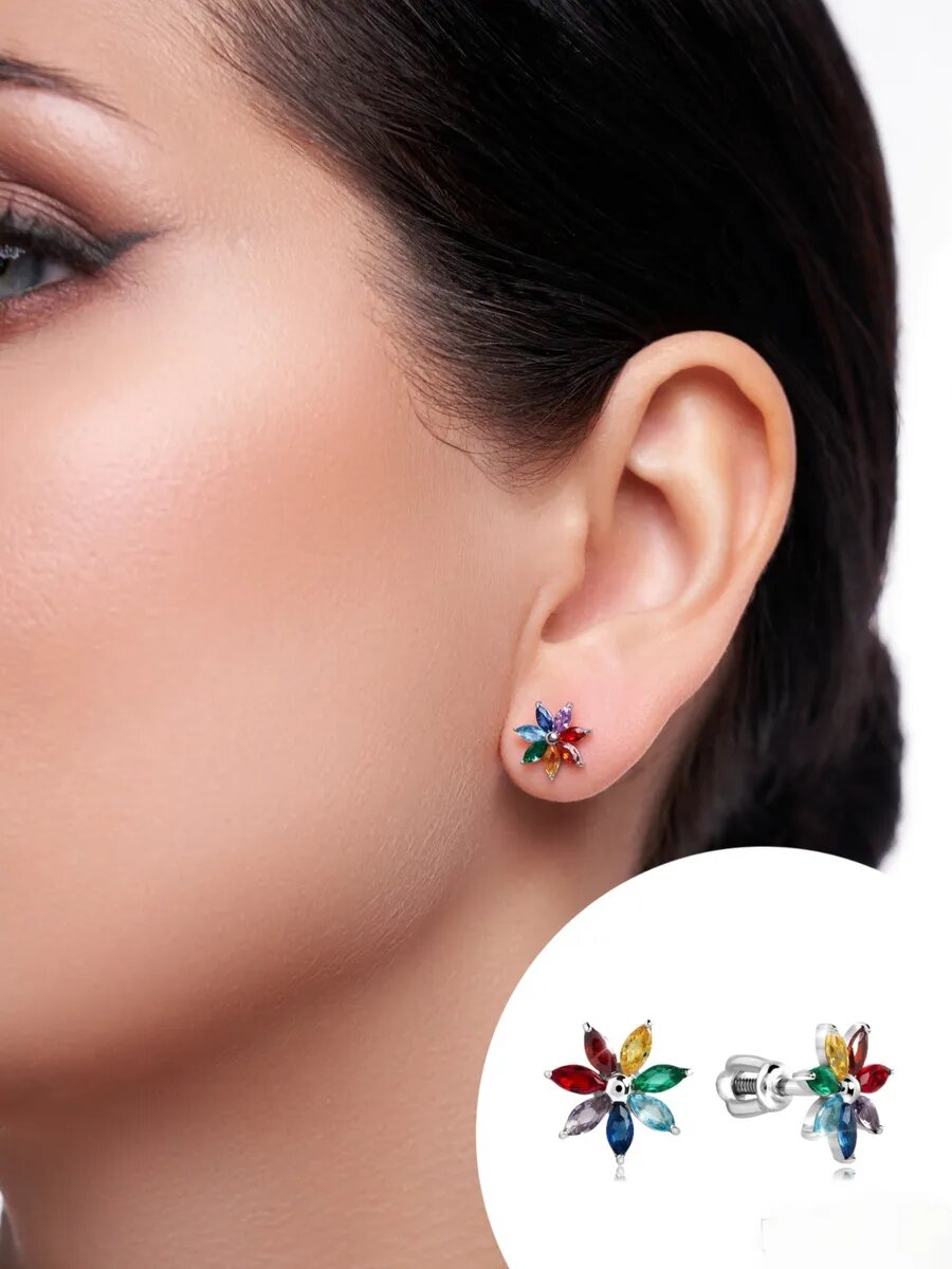 Серьги пусеты, серебро, 925 проба, родирование, фианит