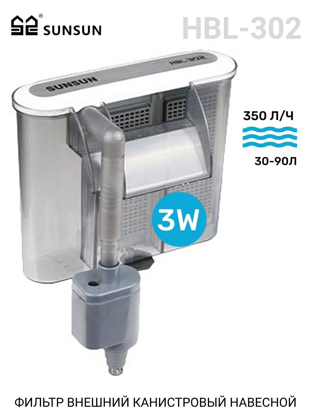 Фильтр-водопад Sunsun HBL-302 навесной биологический кассетный, узкий, насос 3W (350л/ч, акв. до 30-90л) с наполнителями
