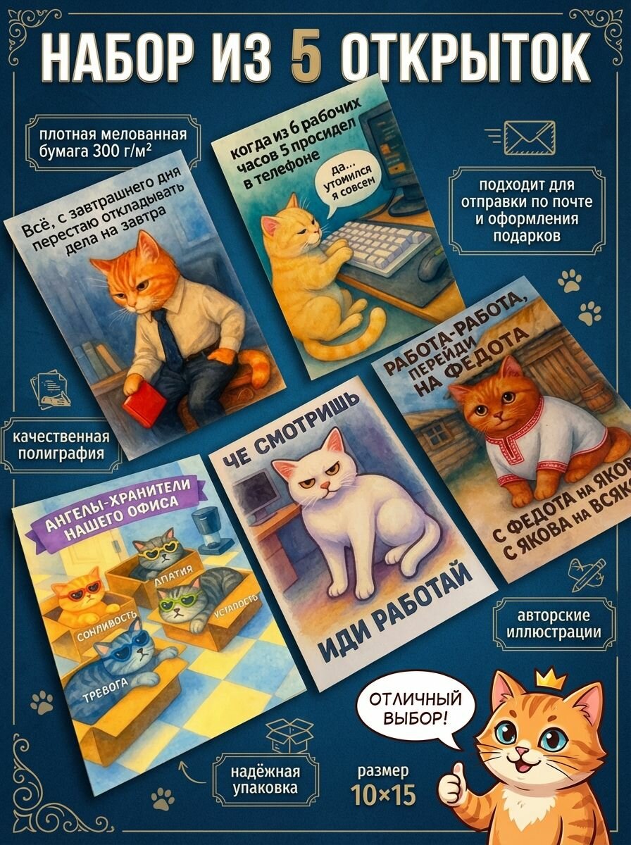 "Котики работают в офисе 4": набор из 5 открыток для посткроссинга, смешные иллюстрации, забавные мемные картинки для поднятия настроения и поддержки