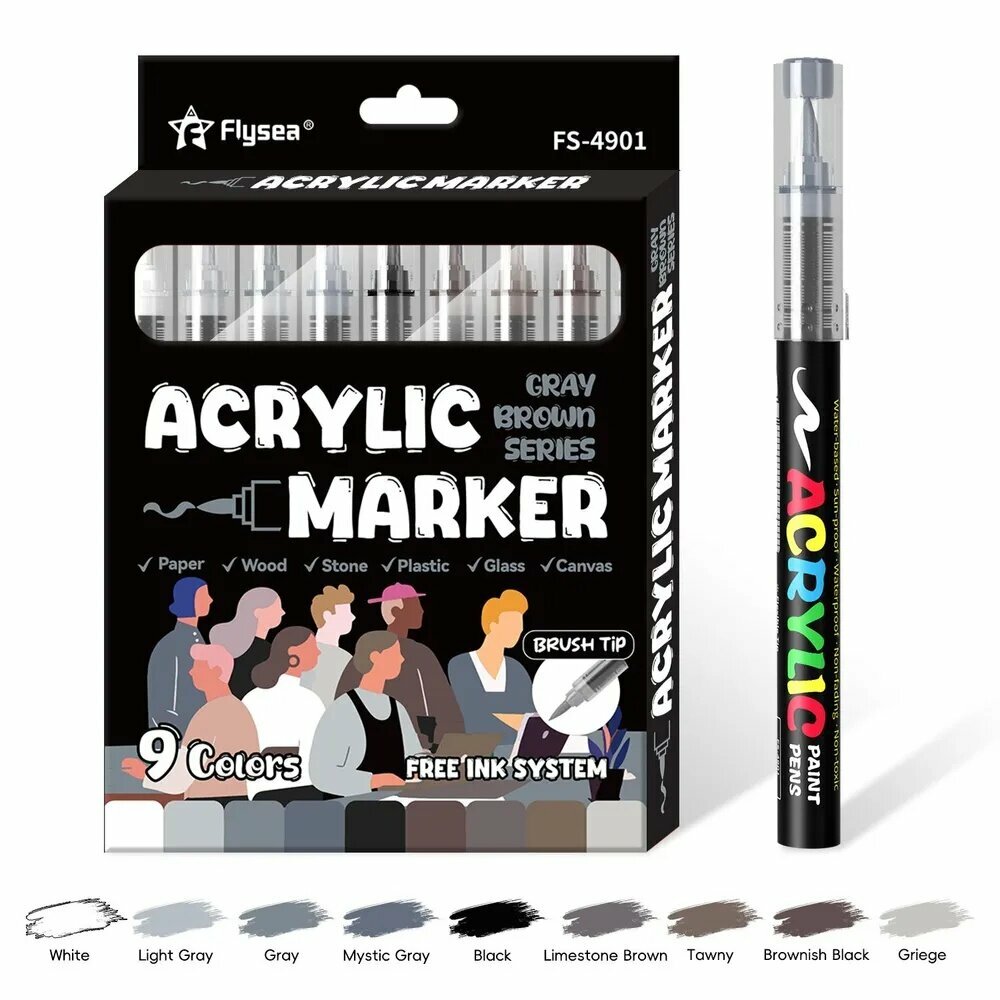 Flysea Набор маркеров Акриловый, 9 шт. для граффити