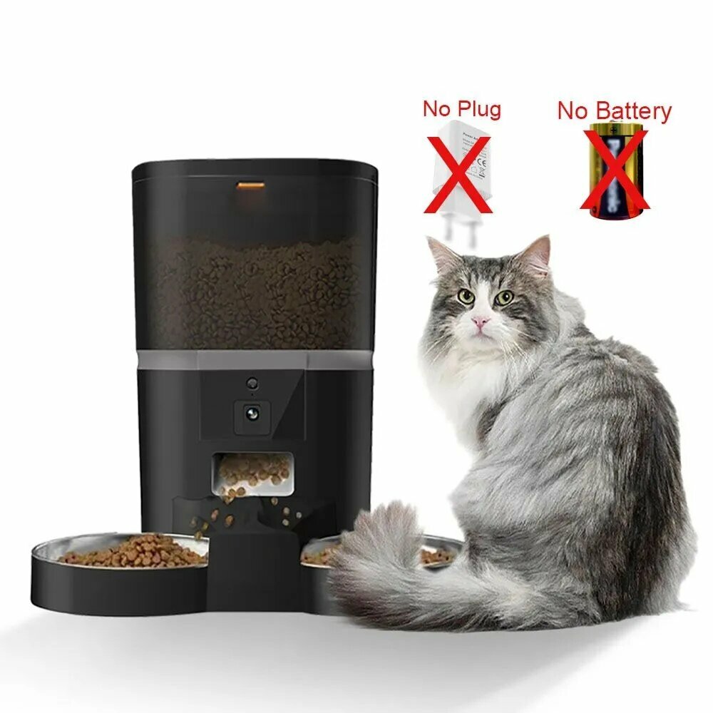 4L Double Food Video Cat Automatic Feeder с камерой, 2 миски из нержавеющей стали, сеть 2.4G необходимо подключить