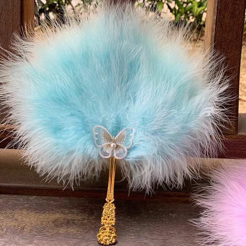 Веер из перьев в древнем стиле, аксессуар для ханфу, сценический веер для танцев, детский веер, креативный круглый веер для фотографии, ручной веер
