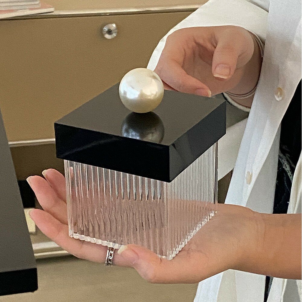 Красная шариковая жемчужная стильная акриловая коробка для ватных палочек, прозрачная настольная коробка для зубной нити, макияжа, ваты, пылезащитная с крышкой для хранения